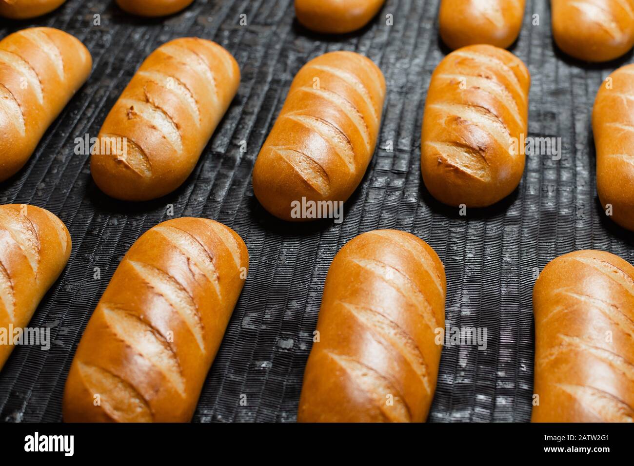 The oven in the bakery. Hot fresh bread leaves the industrial oven in a ...
