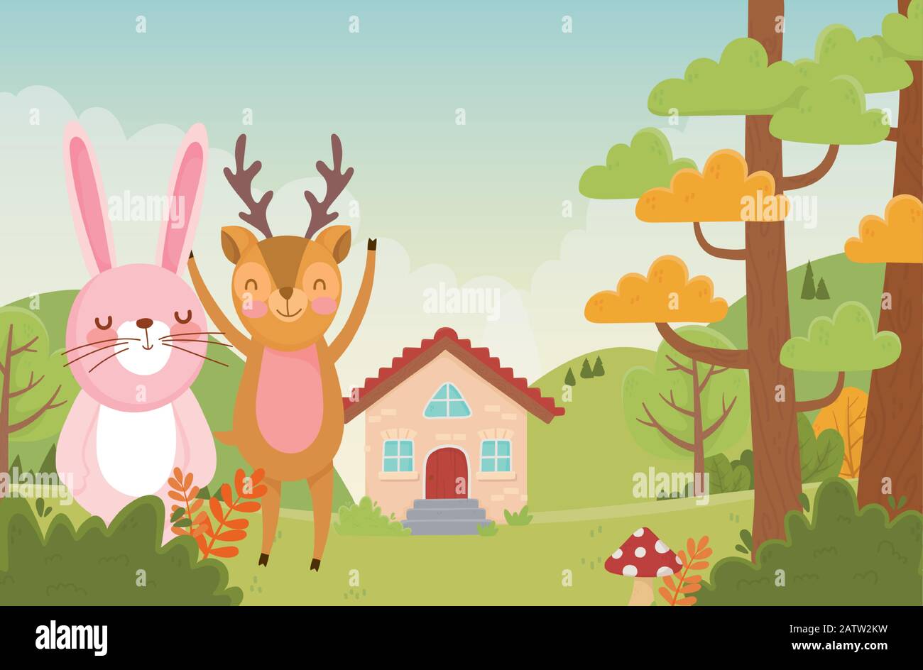 cute rabbit and deer house trees foliage nature landscape vector ...