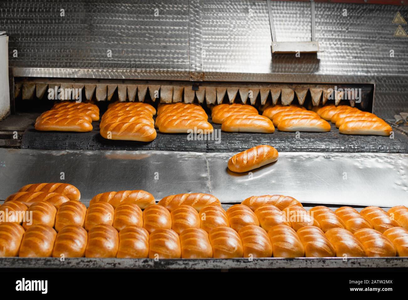 Industrial conveyor oven in a bakery. Hot bread leaves the automated ...