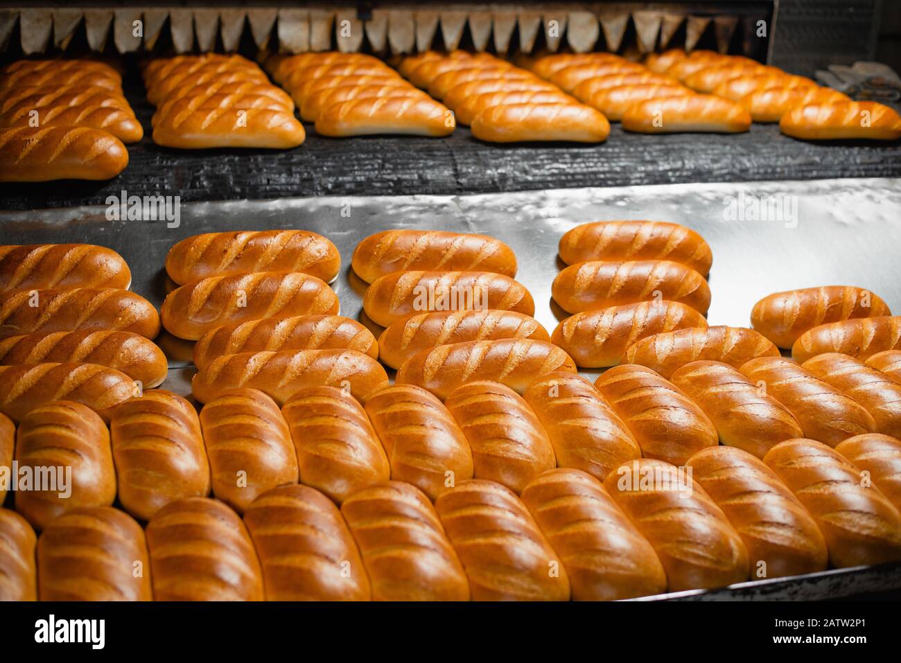 The oven in the bakery. Hot fresh bread leaves the industrial oven in a ...