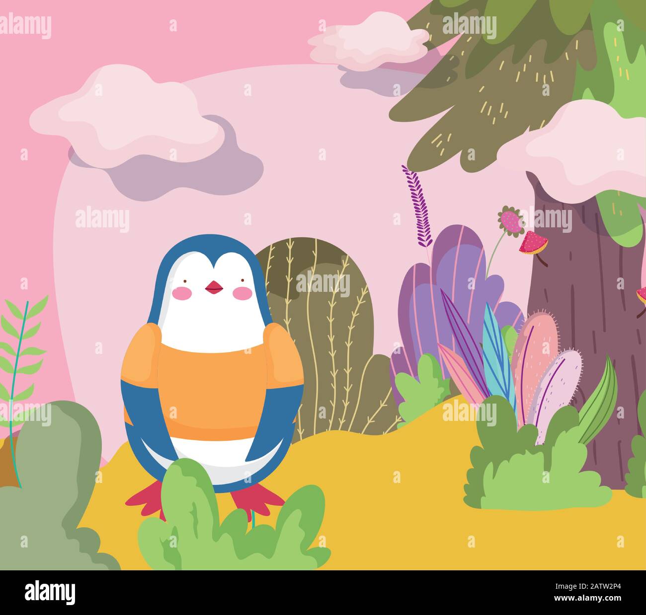 cute penguin standing with shirt cartoon character forest foliage ...