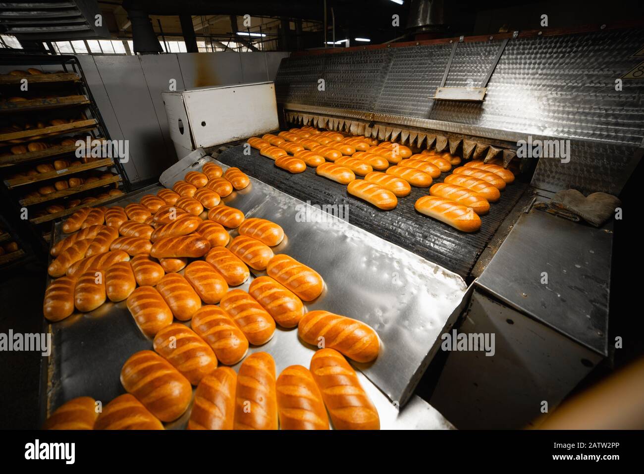 Industrial conveyor oven in a bakery. Hot bread leaves the automated ...