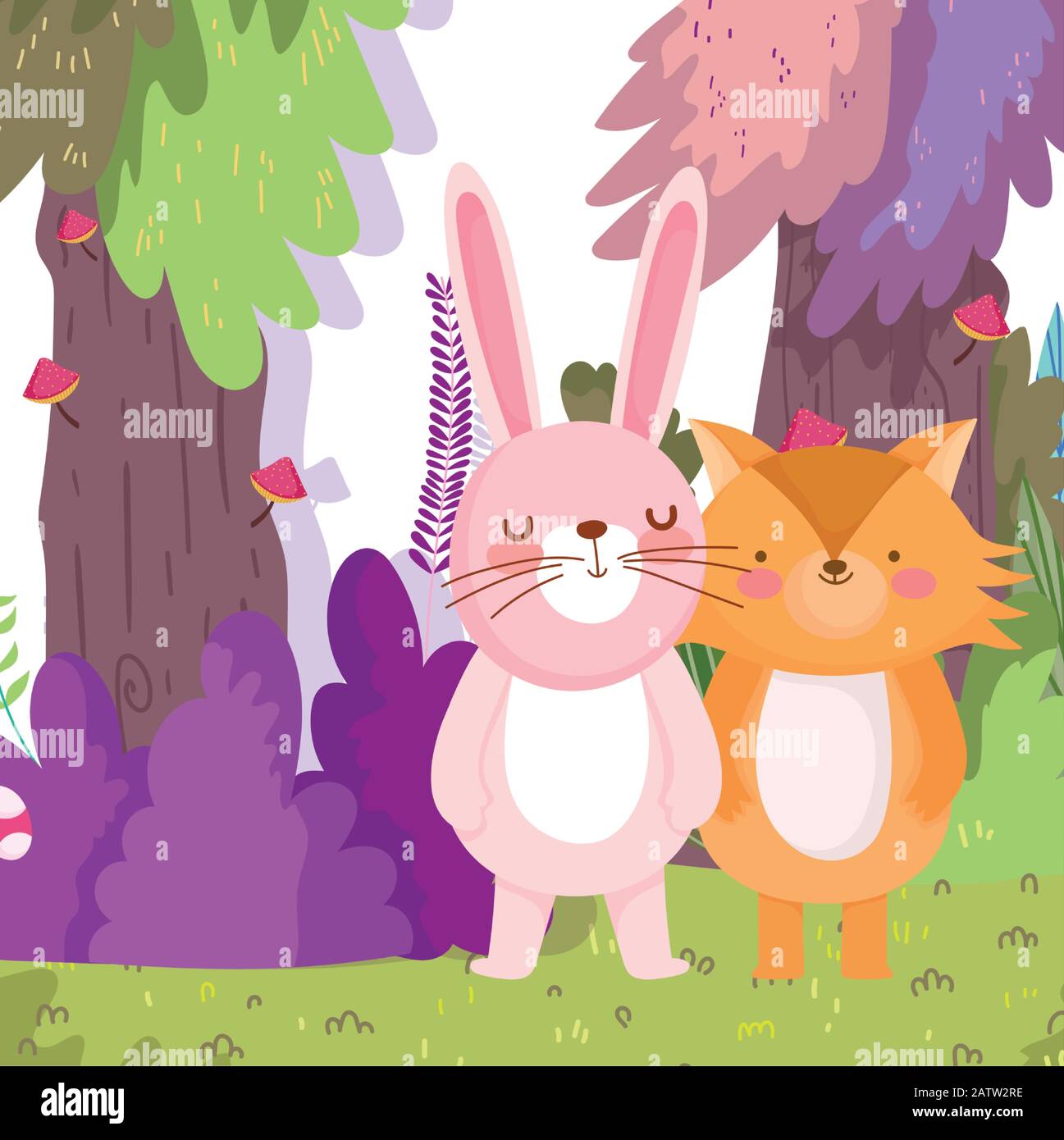 little fox and rabbit cartoon character forest foliage nature landscape ...