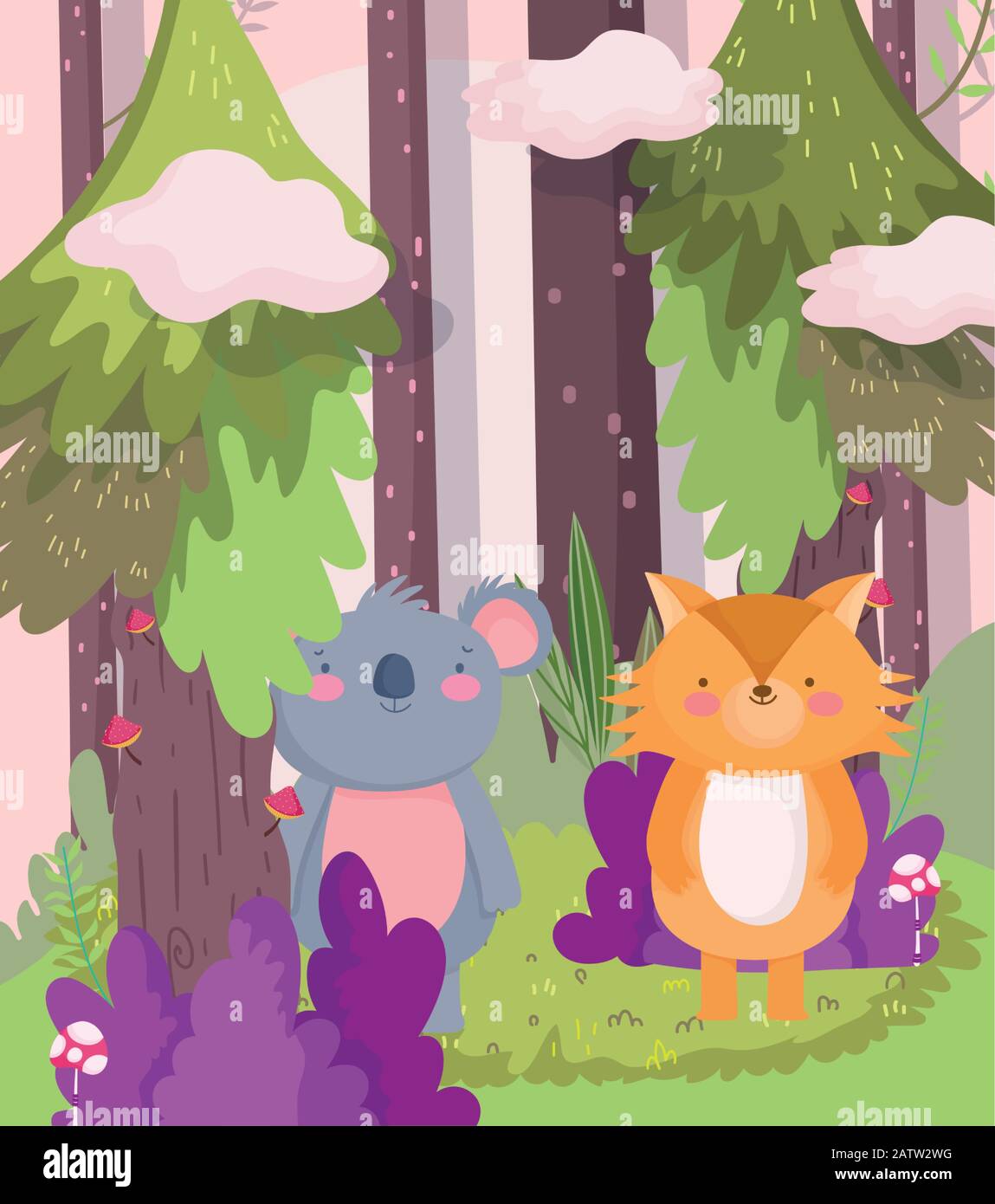 happy cute koala and fox cartoon character vector illustration Stock ...