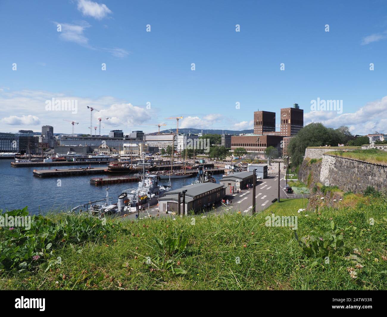 Cityscape with port and town hall of european Oslo city in Norway Stock ...