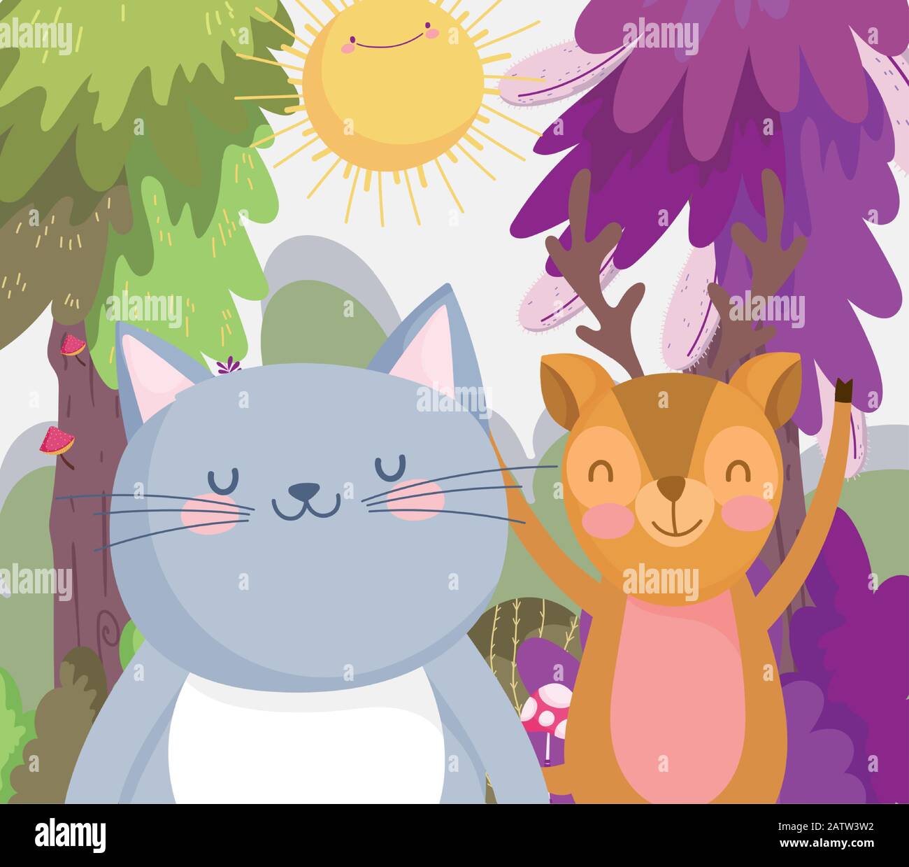 little animal cartoon character forest foliage nature landscape vector ...