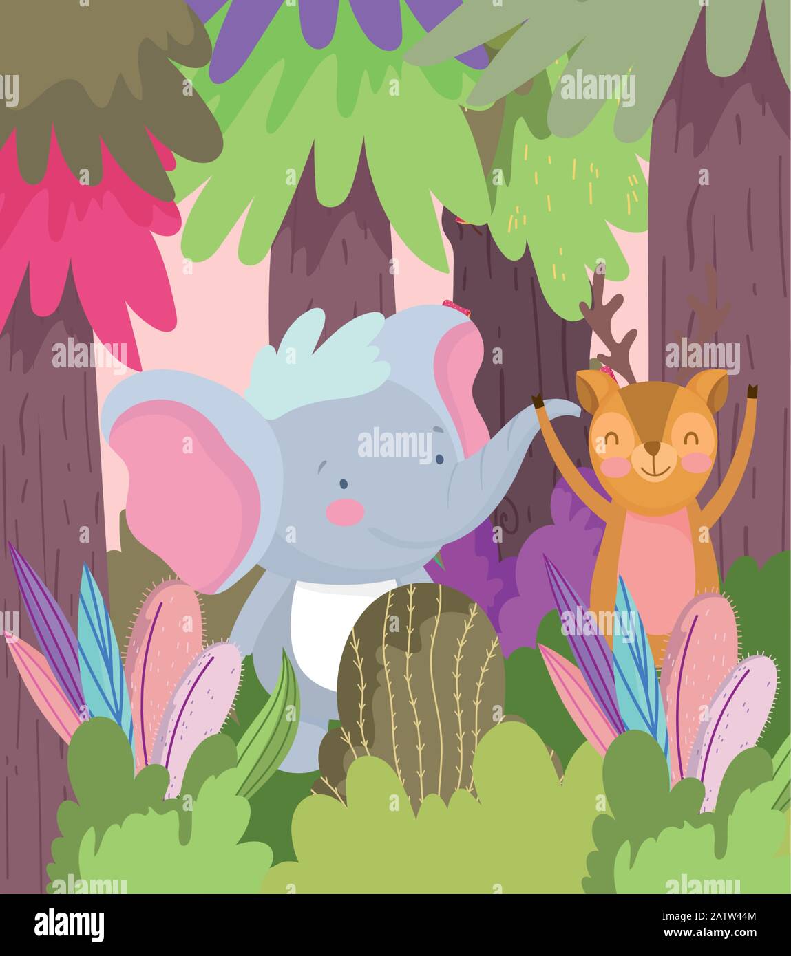 little animal cartoon character forest foliage nature landscape vector ...