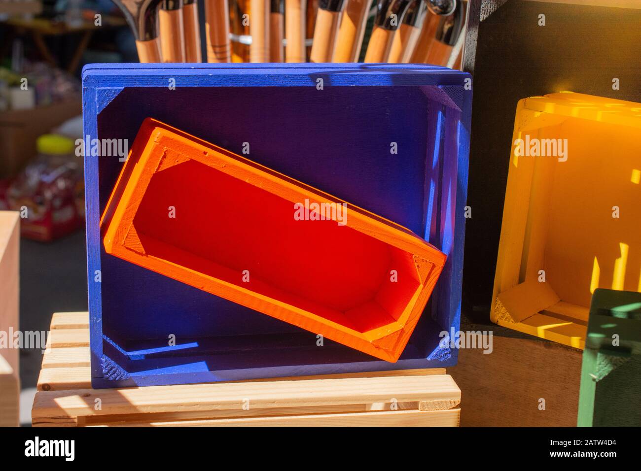 Colorful wooden box, packaging crates or crated containers for delivery ...