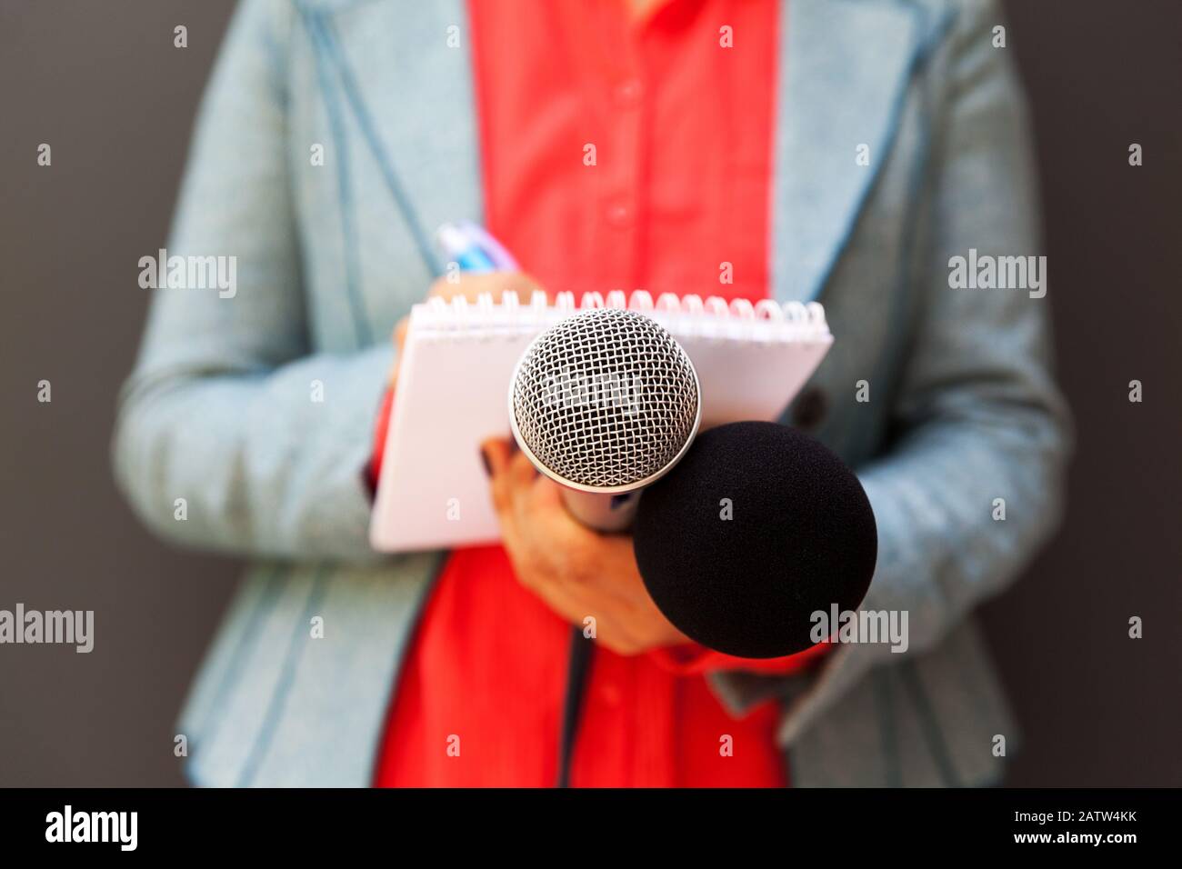 Female reporter at news conference, writing notes, holding microphone ...