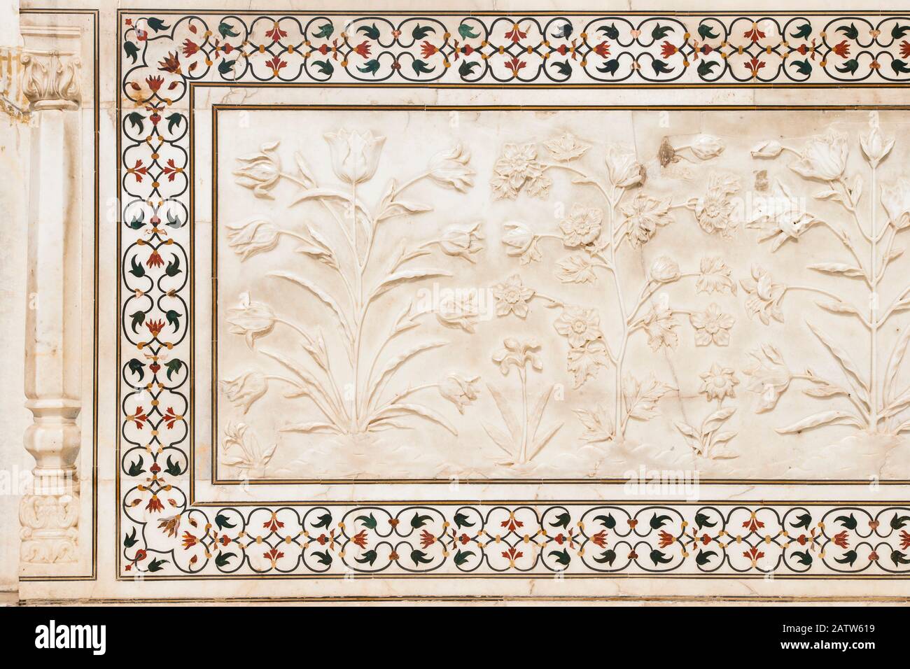 Relief and inlay on wall of Taj Mahal, marble mausoleum, built by Shah ...