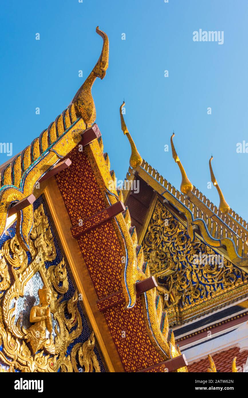 Architectural details of highly ornamented roof on one of the buildings ...