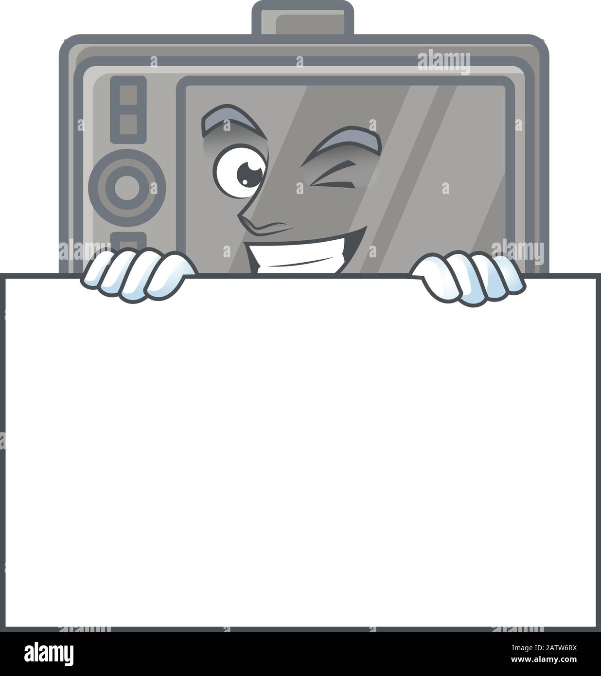 Wacom cartoon character with funny face hides behind a board Stock ...