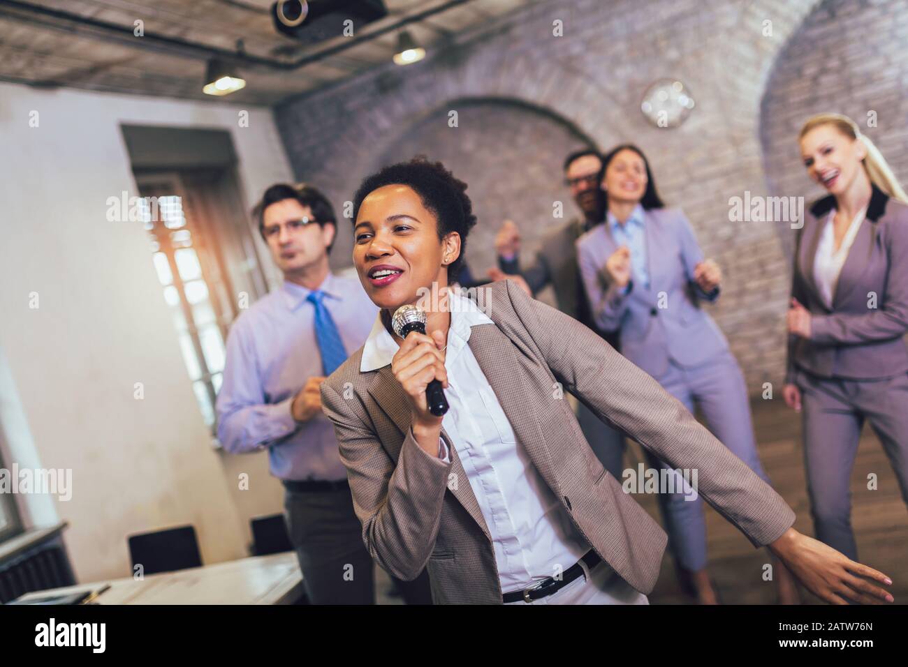 Funny teambuilding activity. Business people making team training ...