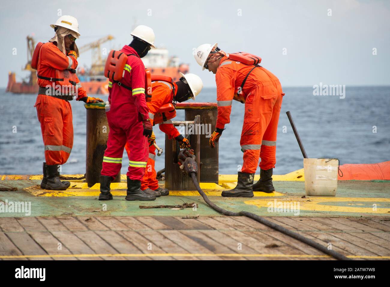 AHTS vessel marine crew carried out anchor handling operation on deck ...