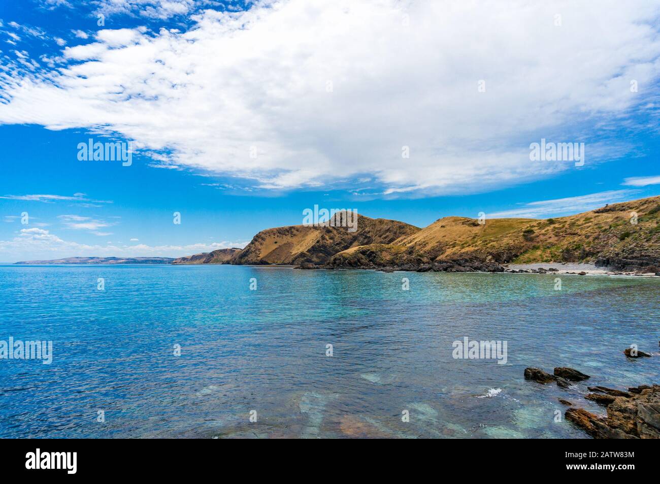 Mountain coastline with deep blue ocean water landscape. Nature ...