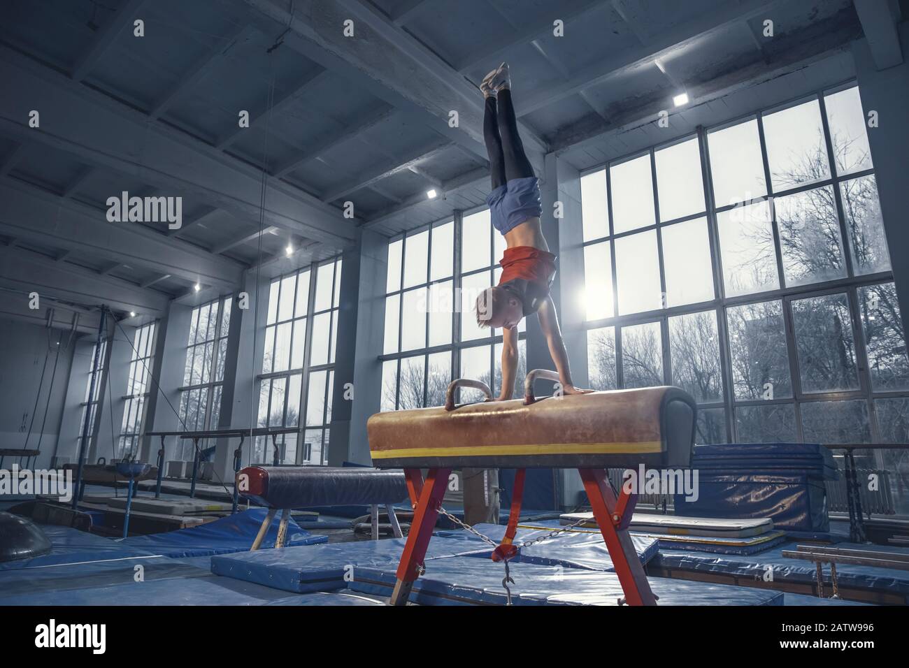 Champion. Little male gymnast training in gym, flexible and active ...