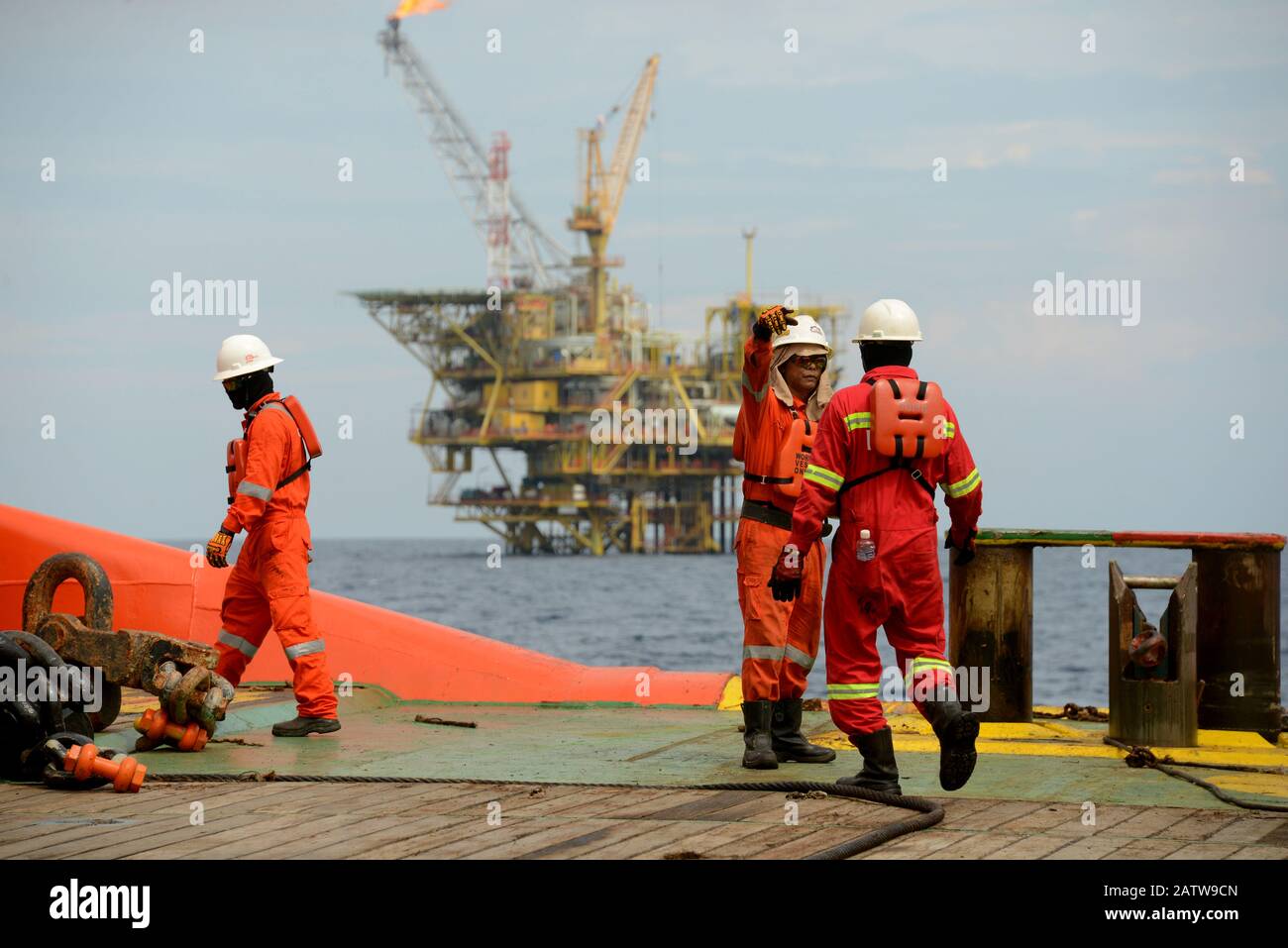 AHTS vessel marine crew carried out anchor handling operation on deck ...