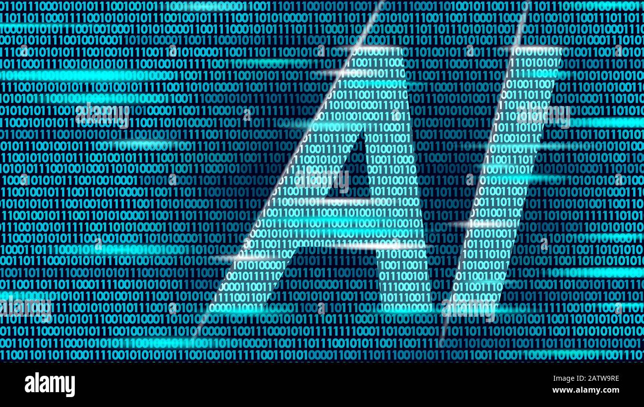 AI artificial intelligence letters on code data flow. Virtual assistant app geometric symbol ...