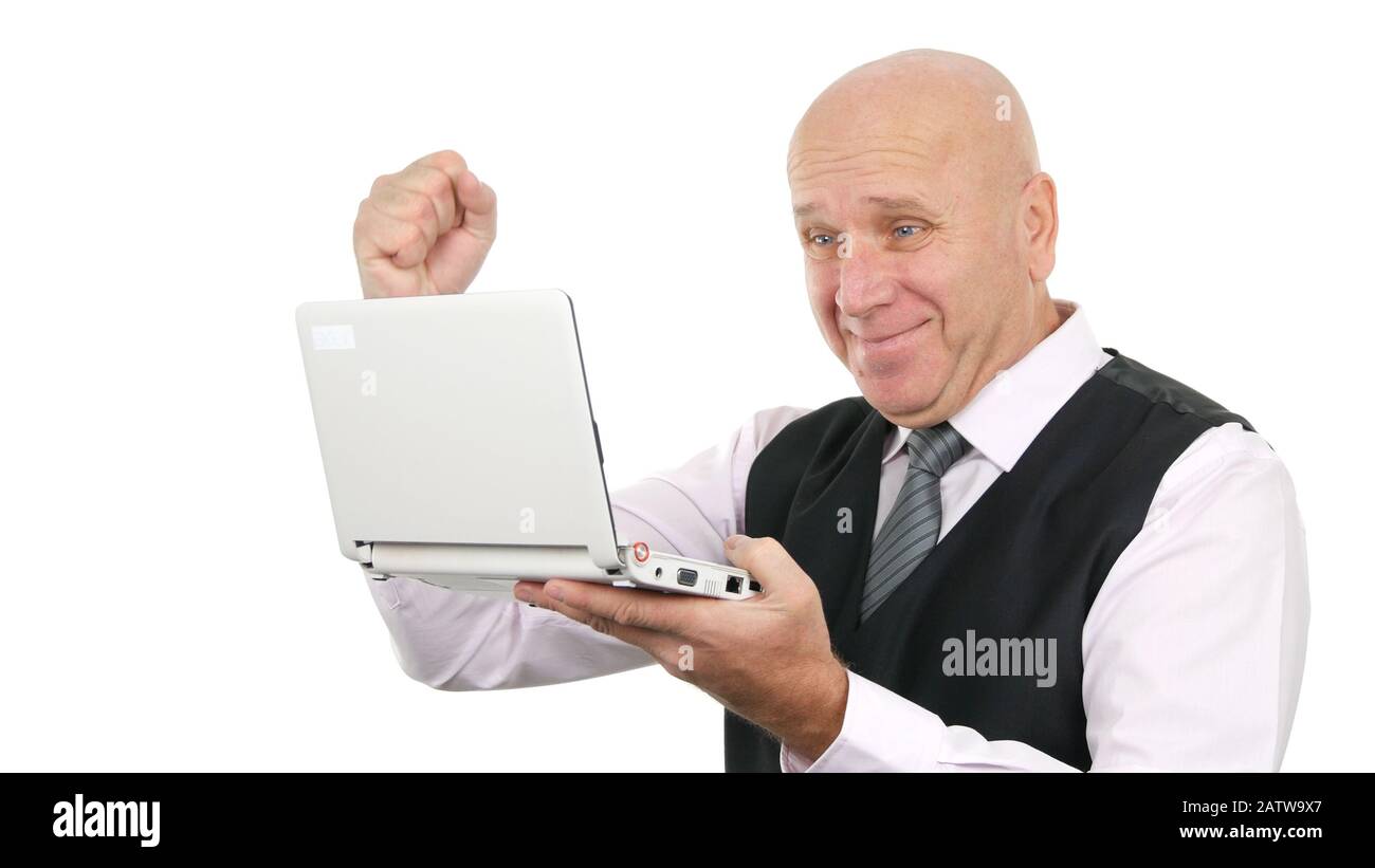 Happy Businessman Smile Reading Good Financial News on the Laptop ...