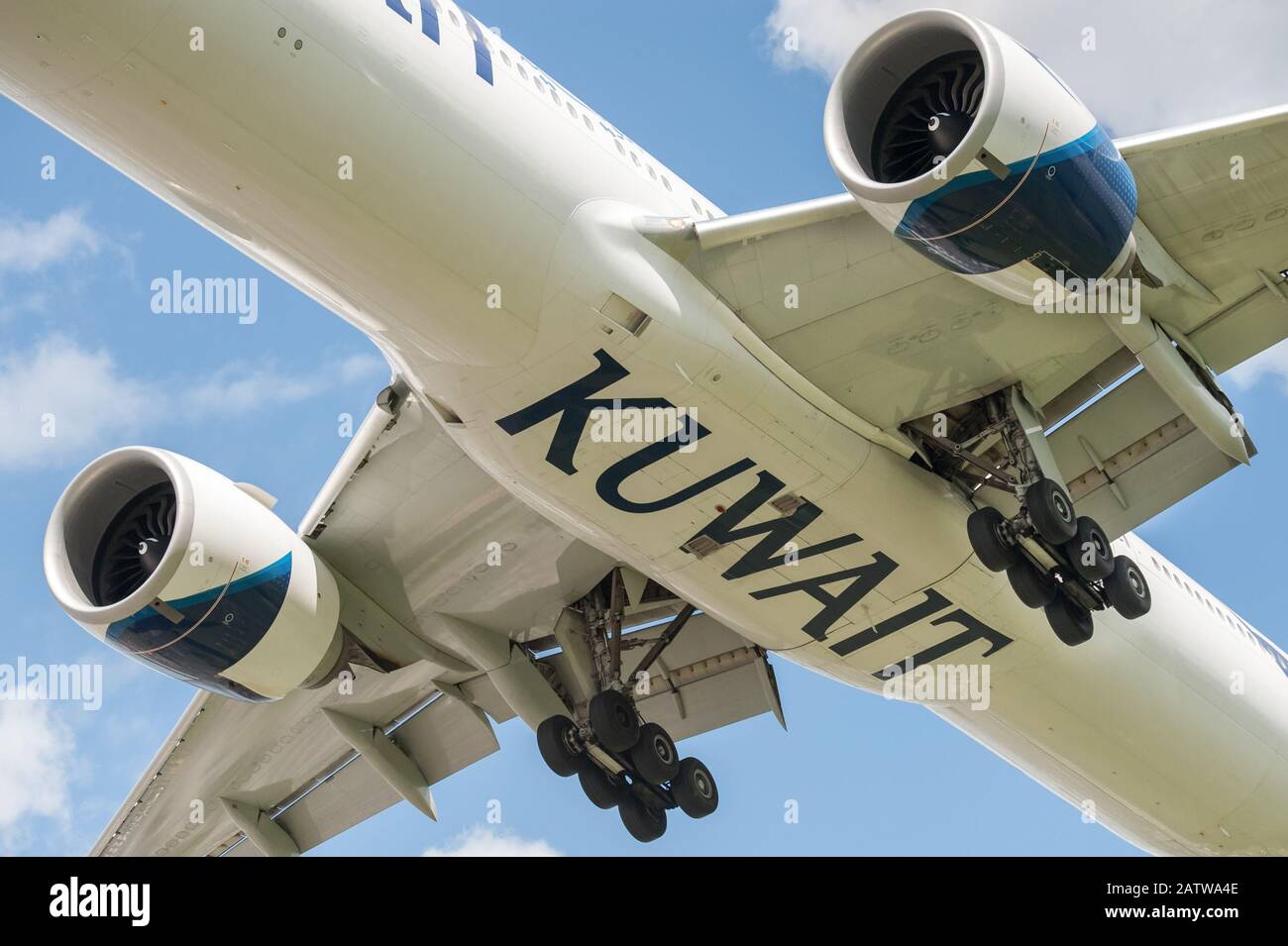 Kuwait Airways Boeing 777 landing gear closeup on approach to London ...