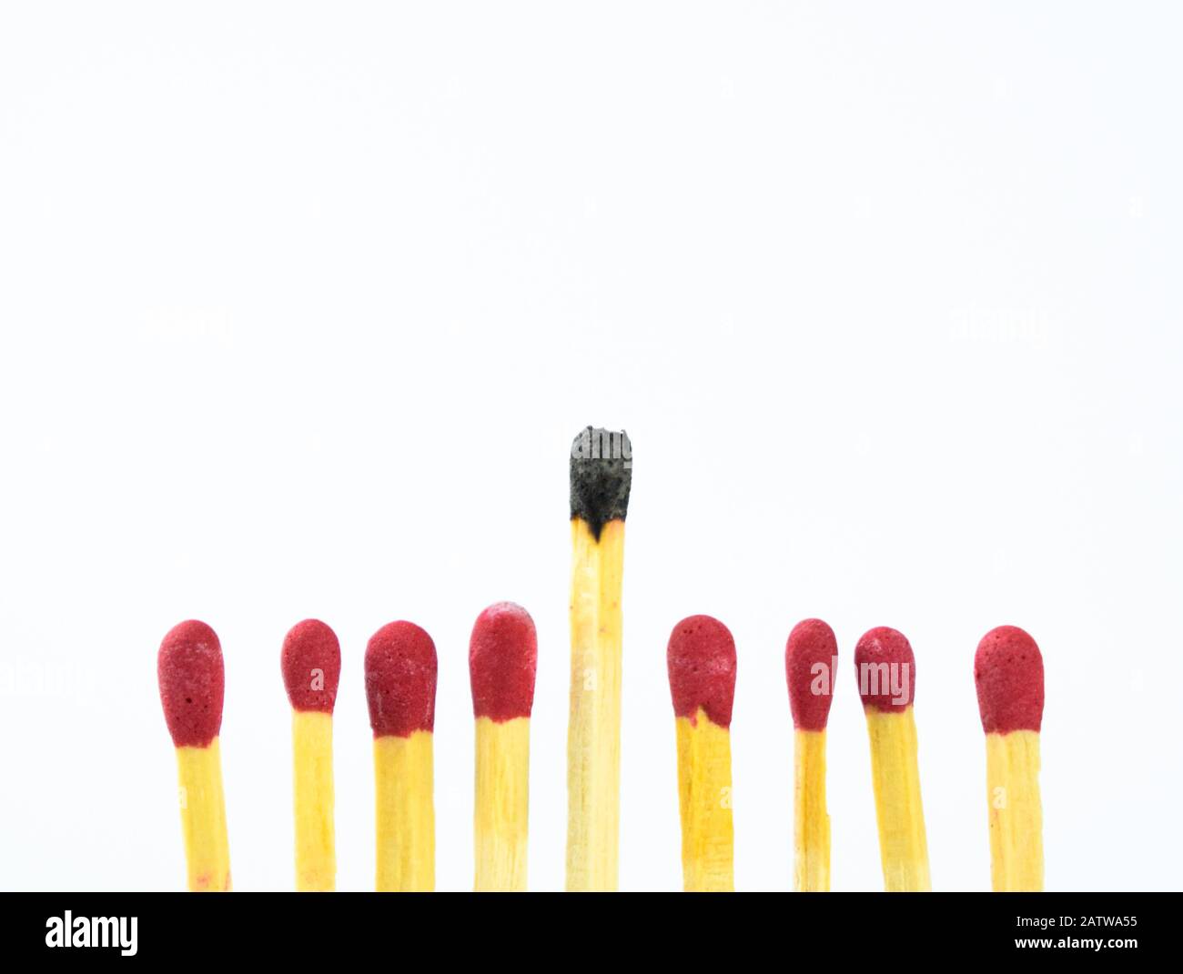 Eight fresh match sticks with one used match aligned in one line and ...