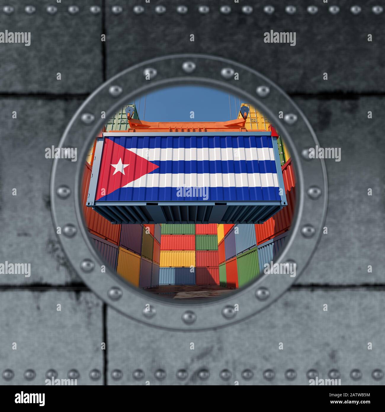 Looking through a ship Porthole. Container with Cuba flag being loaded ...