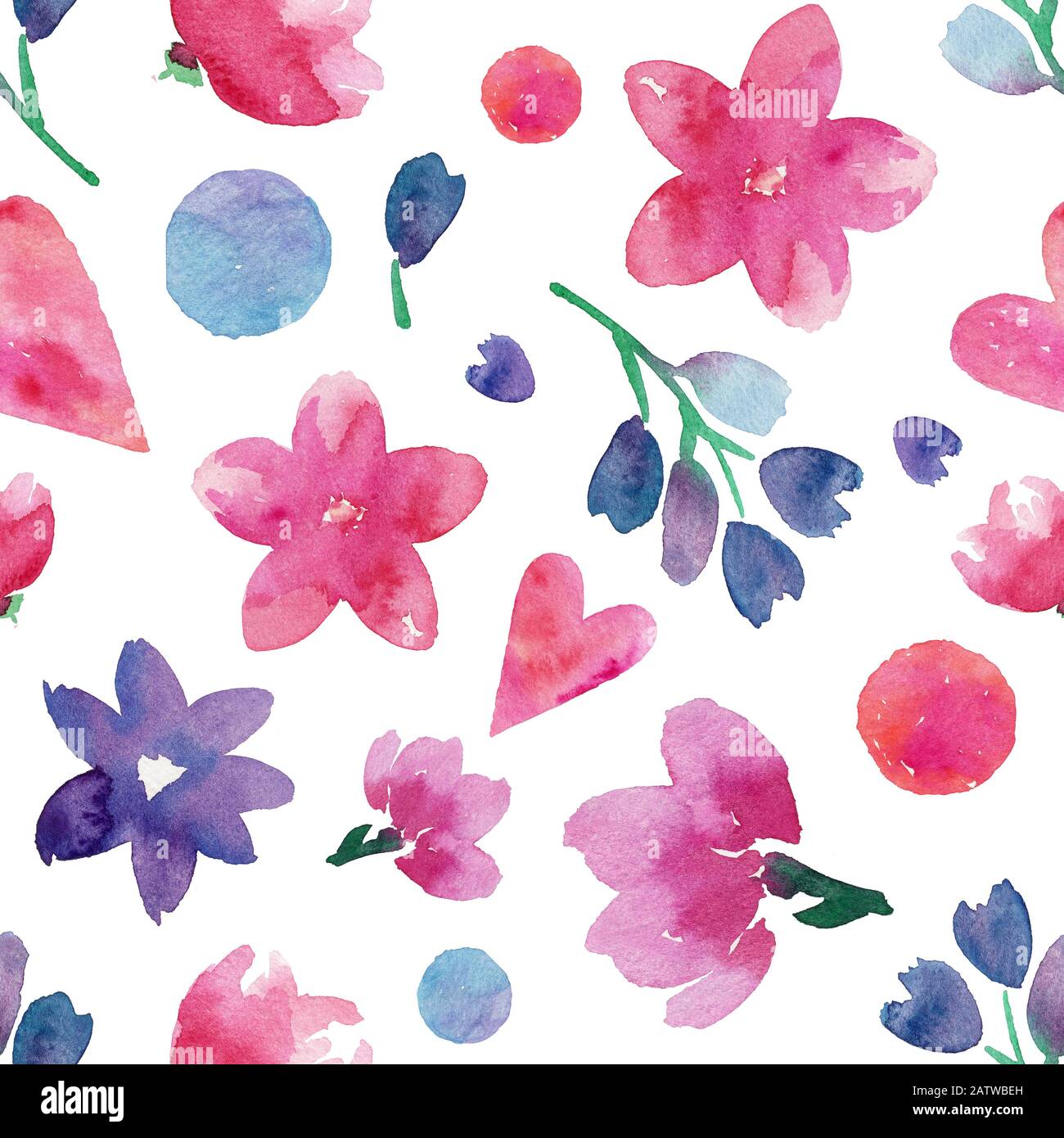 Cute seamless pattern with watercolor flowers and hearts on white ...