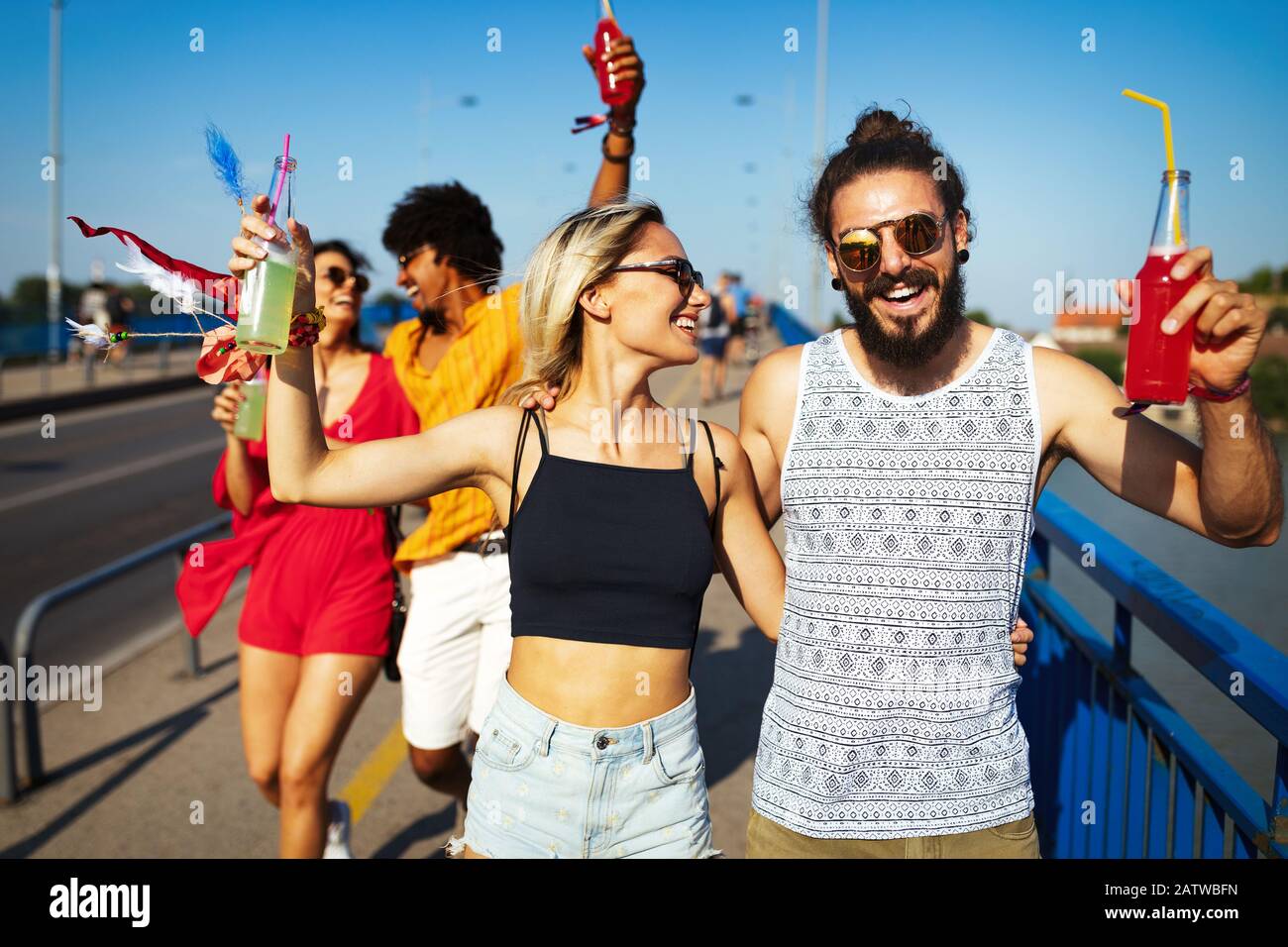 Group of friends having fun, traveling, smiling together outdoors Stock ...