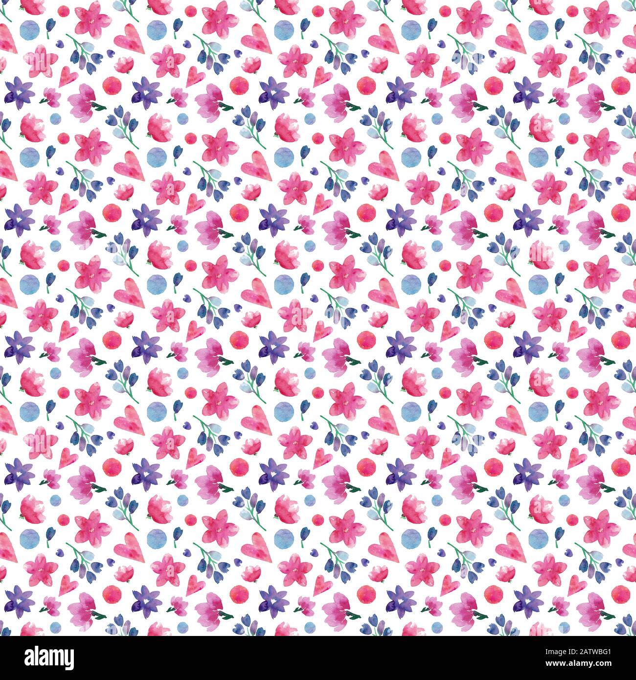Cute seamless pattern with watercolor flowers and hearts on white ...