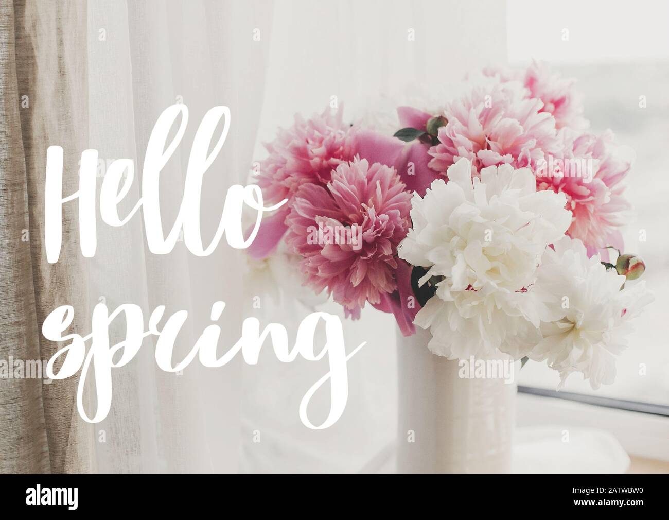 Hello Spring text handwritten on lovely peony bouquet in sunny light on ...
