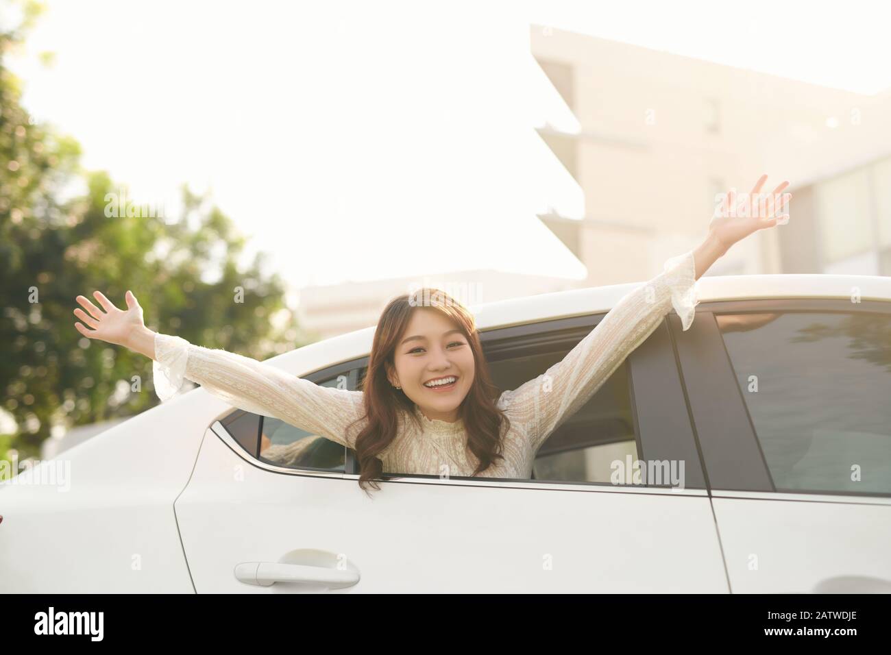 Happy Young Woman Raising Hand Out Of Car Window Stock Photo - Alamy