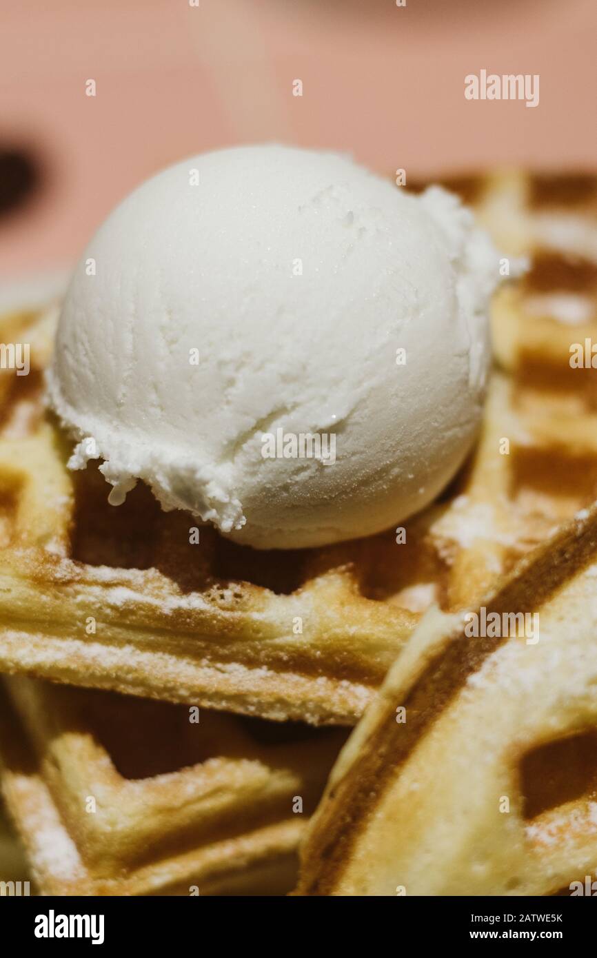 Ice cream on top of waffle dish Stock Photo - Alamy