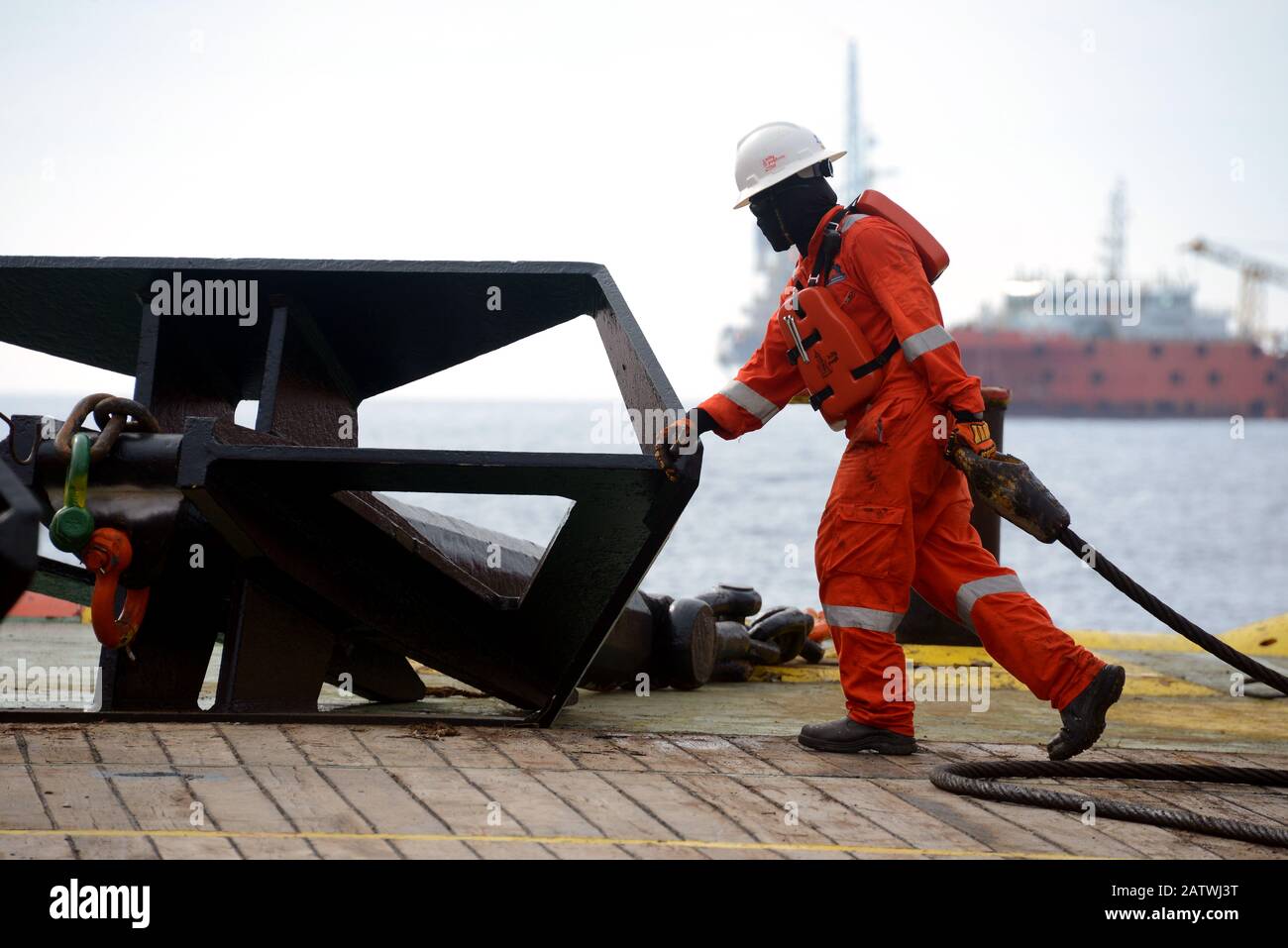 AHTS vessel marine crew carried out anchor handling operation on deck ...