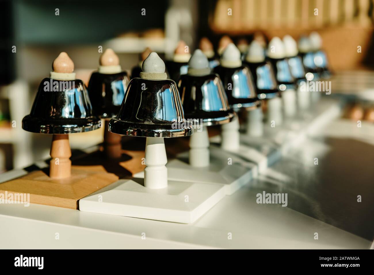 Musical bells in a school to learn the notes, polished metal Stock ...