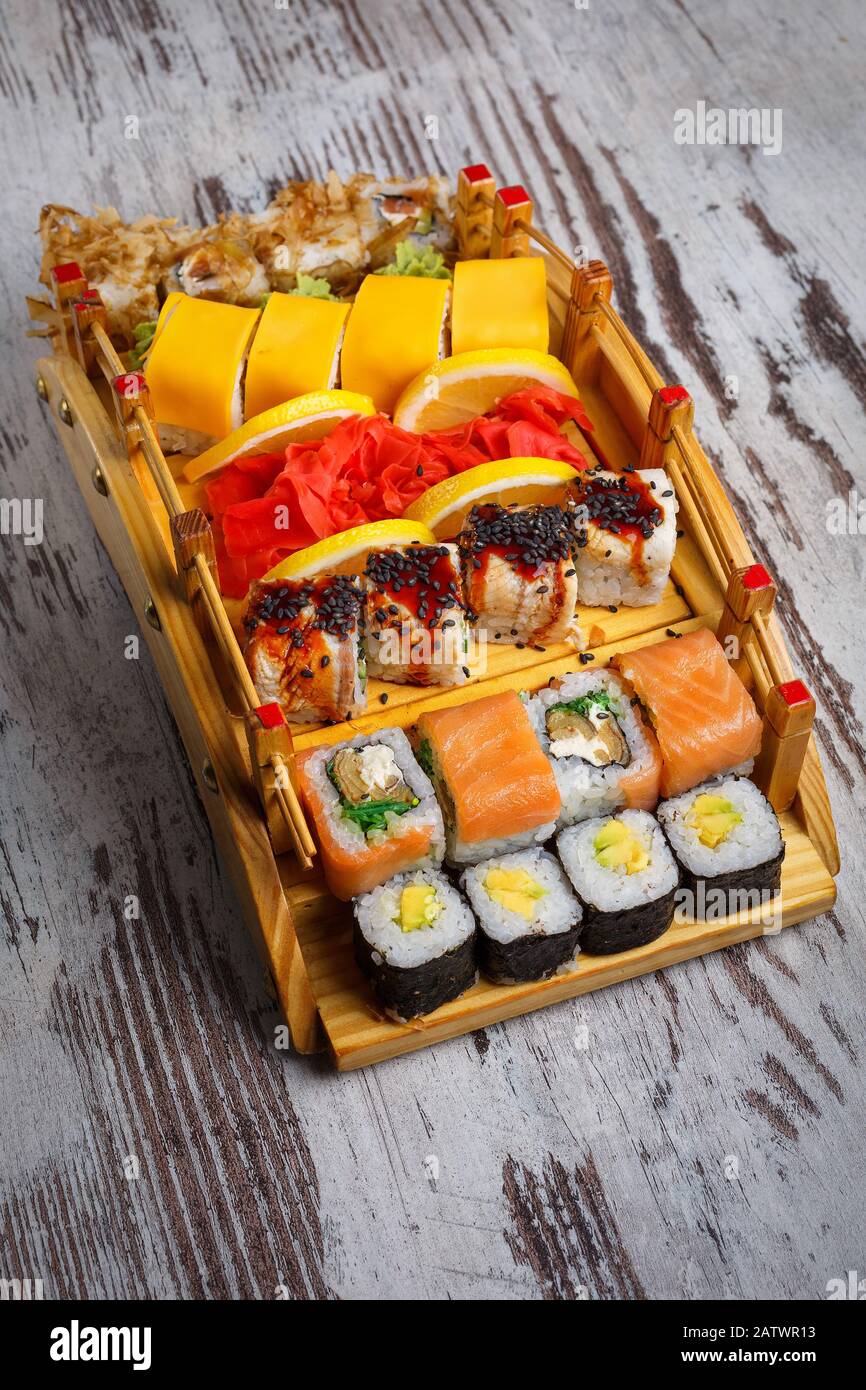 Traditional Japanese cuisine. A great set of different types of sushi ...