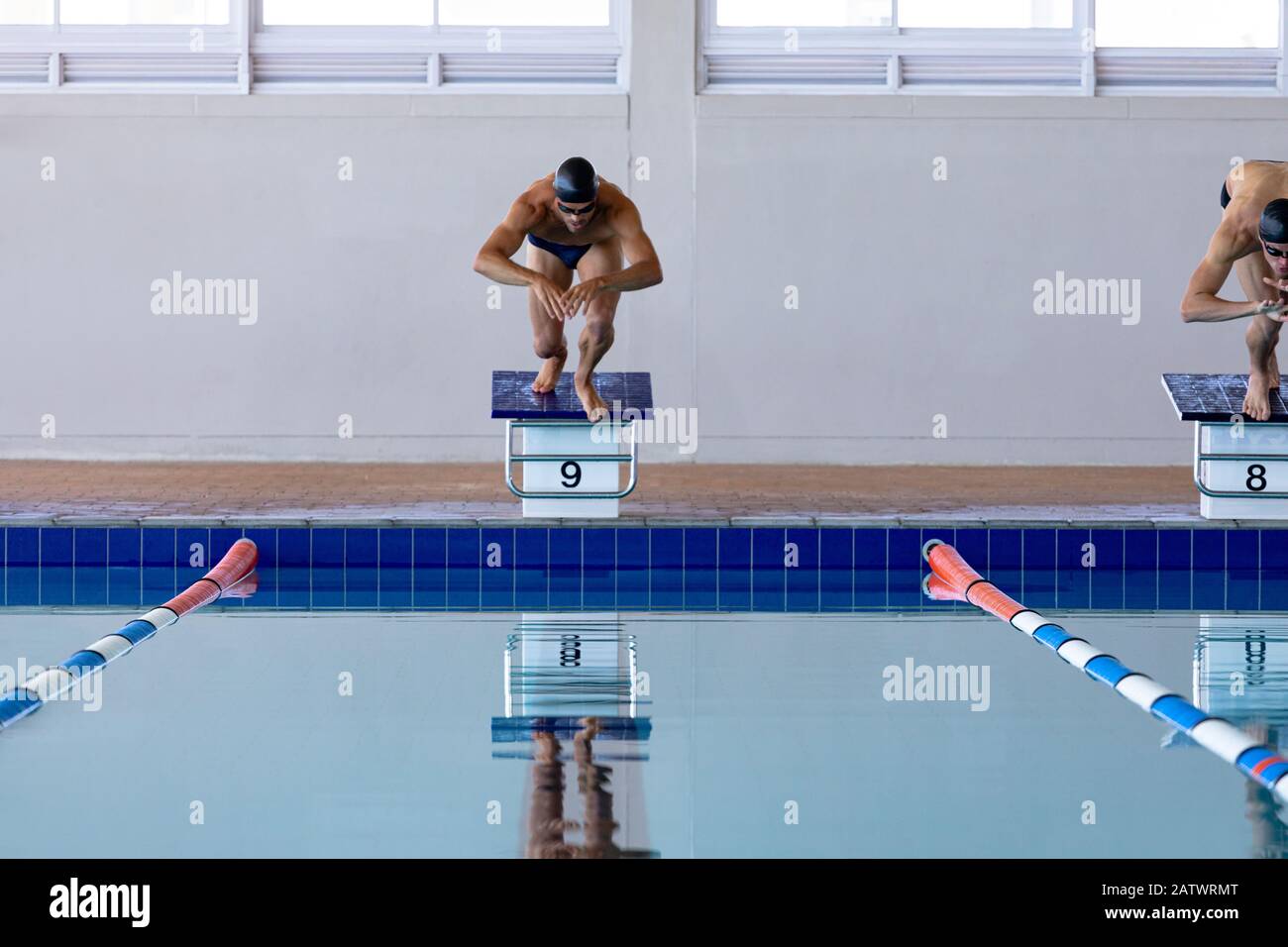 Swimmers plunging in the pool Stock Photo - Alamy