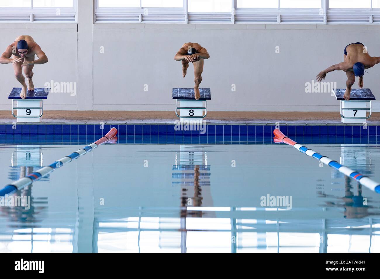 Swimmers plunging in the pool Stock Photo - Alamy