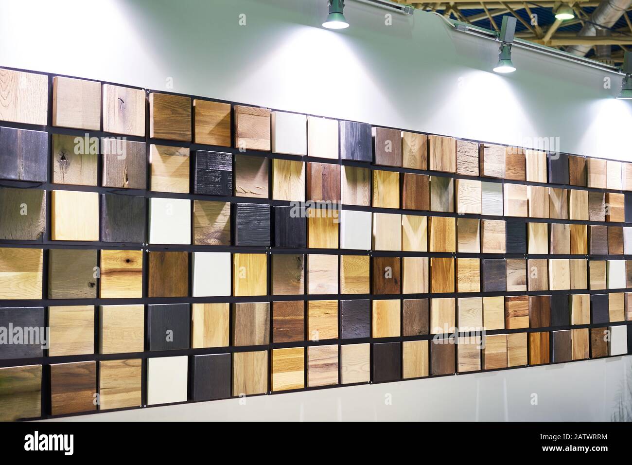Samples of wood panels for furniture on stand store Stock Photo - Alamy