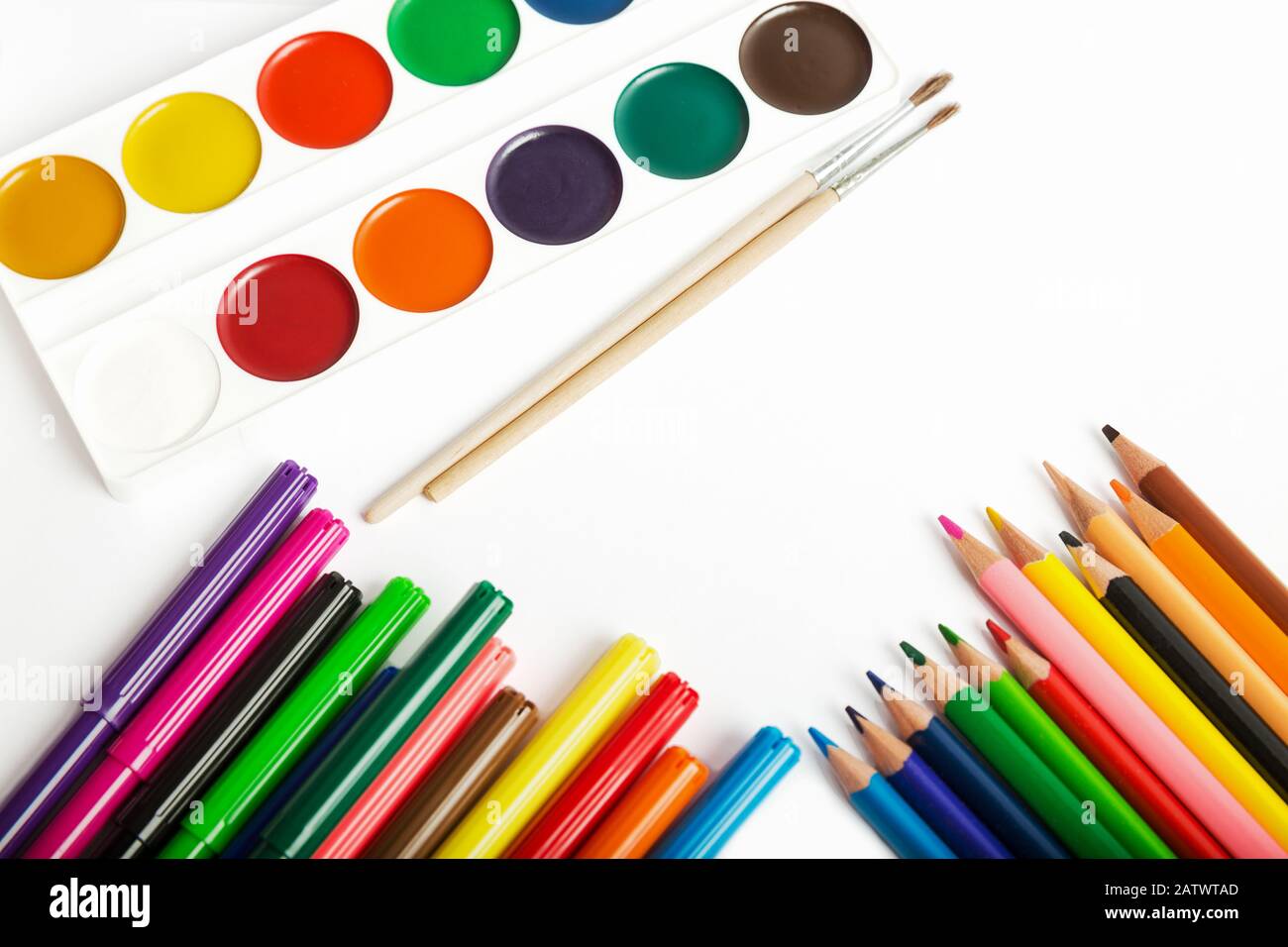 Set of tools for painting - colored pencils, felt-tip pens, watercolor ...
