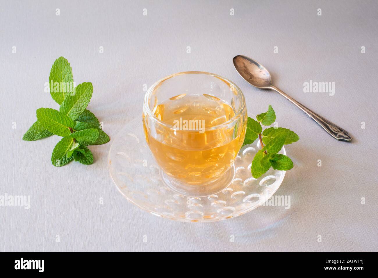 cup of mint tea , in glass cup with fresh mint, suger and spoon Stock ...