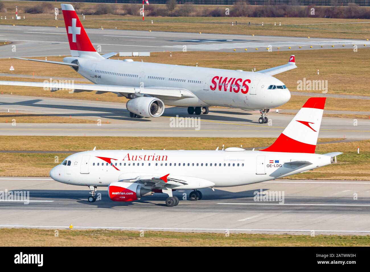 Zurich, Switzerland - February 1, 2020: Austrain Airlines Airbus A319 ... Zurich, Switzerland - February 1, 2020: Austrain Airlines Airbus A319 ...