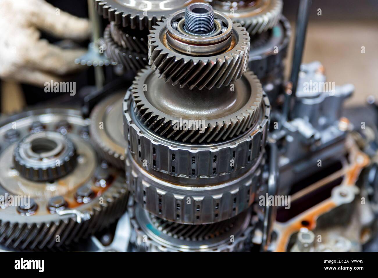 Planetary gearsets inside vehicle automatic transmission. Close up view ...
