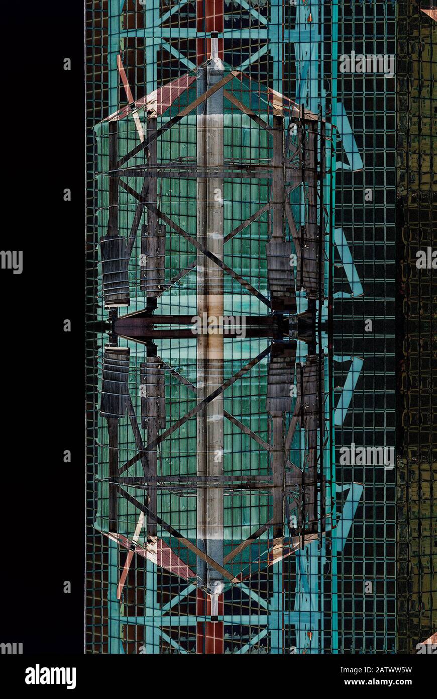 Abstract geometric digital composite of water tower forming a spaceship ...