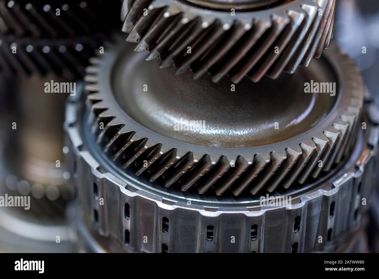 Planetary gearsets inside vehicle automatic transmission. Close up view ...