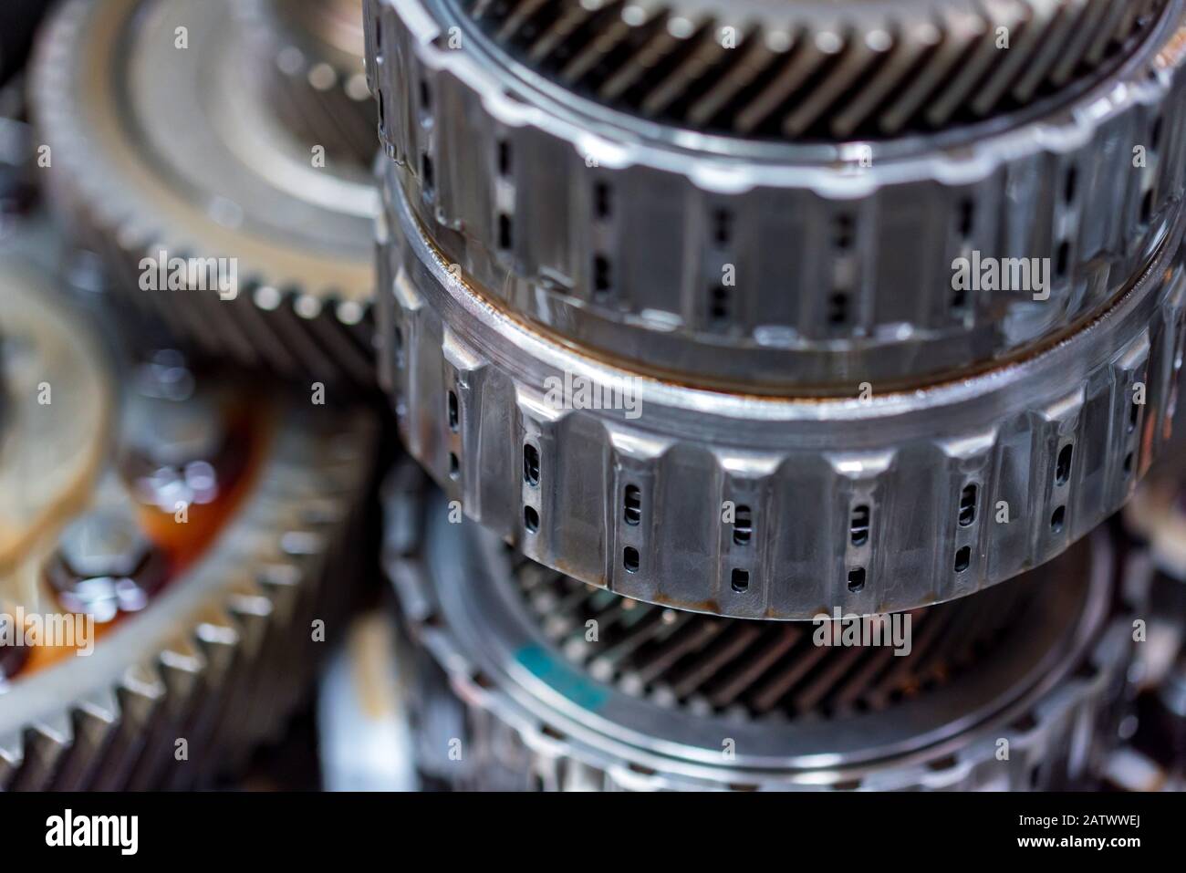 Planetary gearsets inside vehicle automatic transmission. Close up view ...