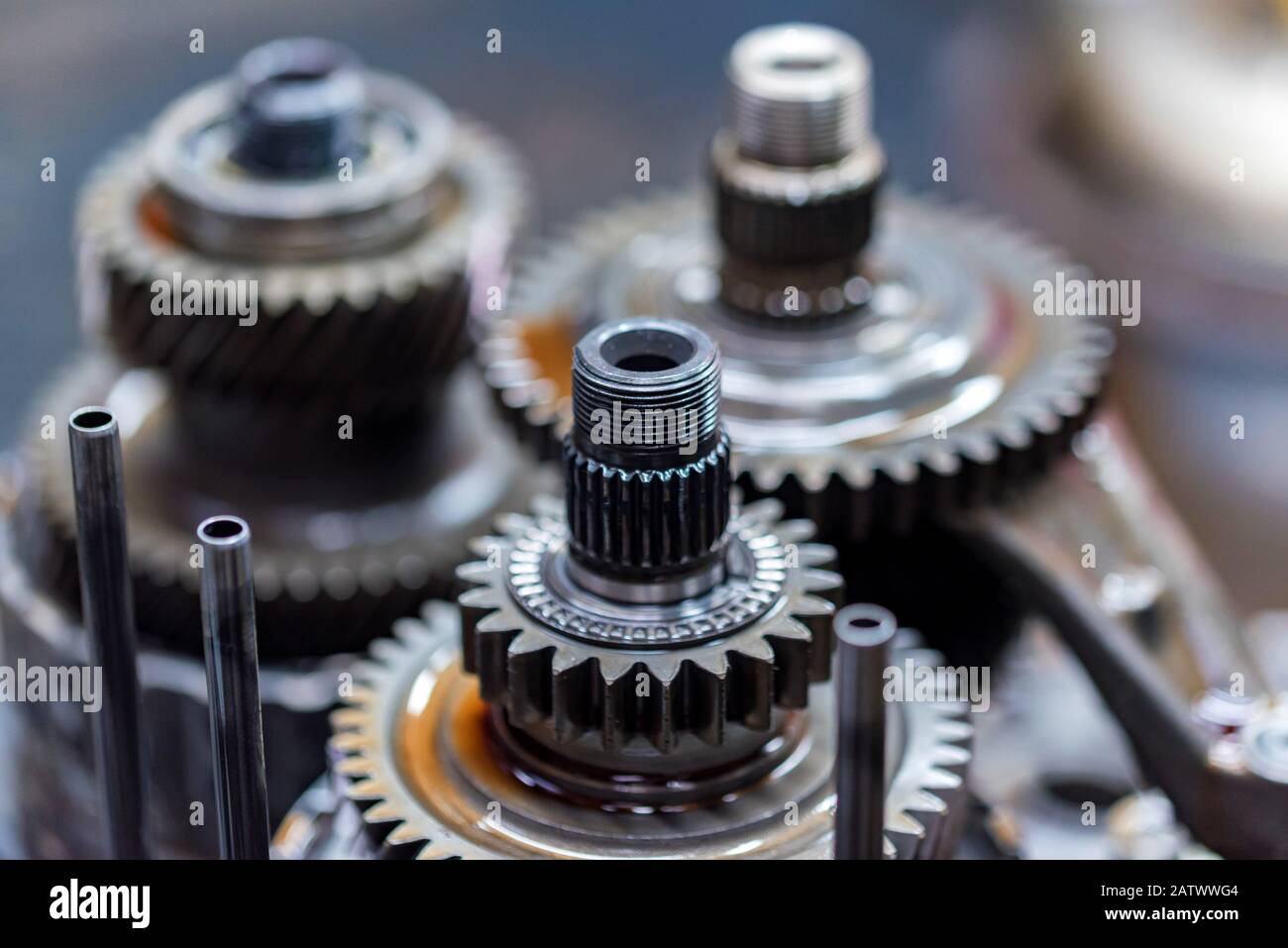 Planetary gearsets inside vehicle automatic transmission. Close up view ...