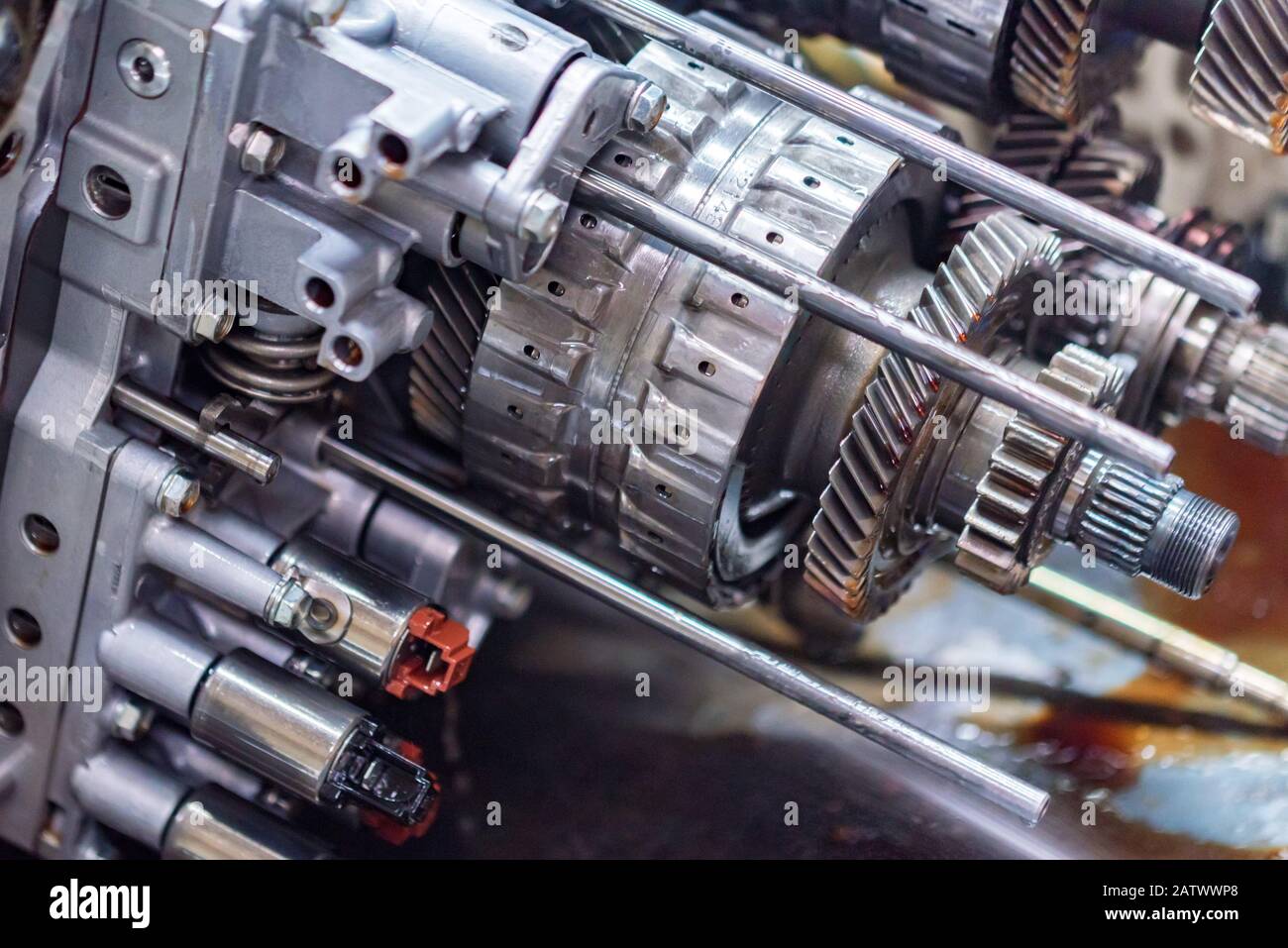 Planetary gearsets inside vehicle automatic transmission. Close up view ...