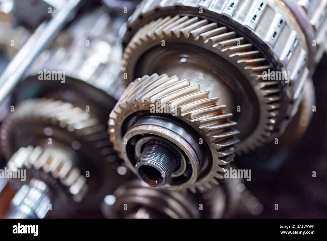 Planetary gearsets inside vehicle automatic transmission. Close up view ...