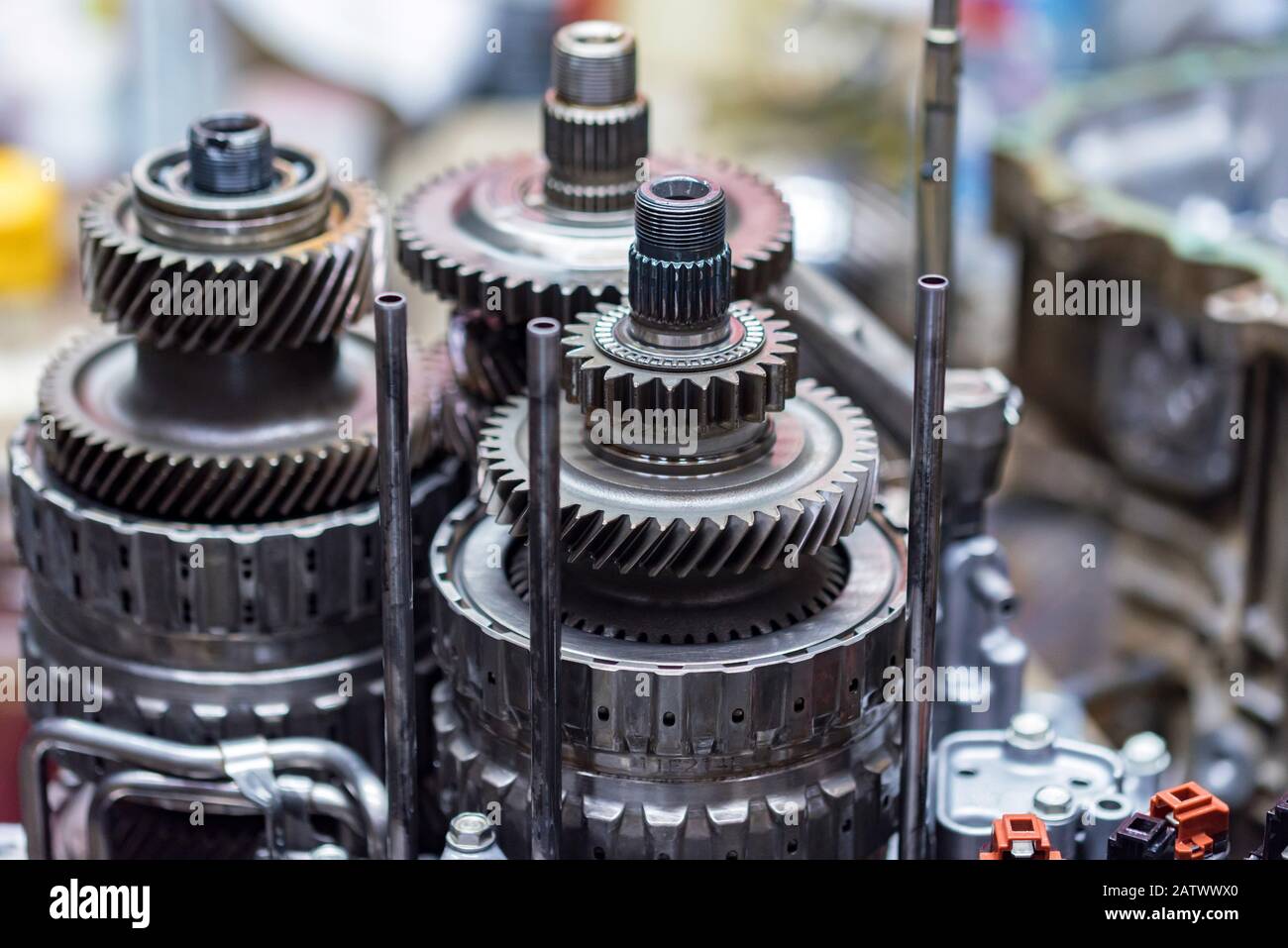 Planetary gearsets inside vehicle automatic transmission. Close up view ...