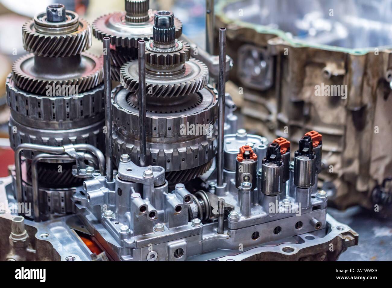 Planetary gearsets inside vehicle automatic transmission. Close up view ...